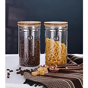 Glass Coffee Containers with Airtight Bamboo Lids & Shelf,Set of 2- 35oz Ground Coffee Canister Set With 2 Measuring Spoons, Coffe Bean Storage BPA Free Coffe Jar Glass Food Storage Jars Tea, Sugar,