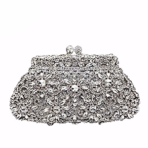 Boutique De FGG Women Silver Crown Minaudiere Evening Bags Flower Crystal Clutch Purses Wedding Clutch