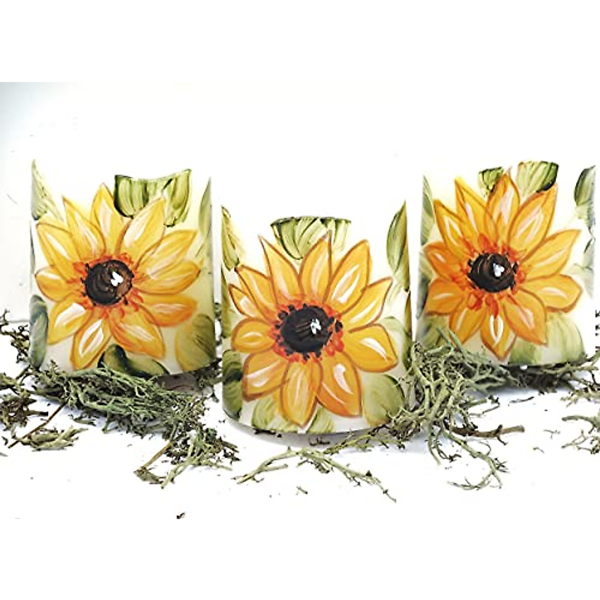 Decorative Small 1 1/2 Inch Off White Plastic Battery Operated Flameless Flickering Flame Votive Candles Set of Three with Hand Painted Sunflowers Boho Decor Goddess Arts Collection