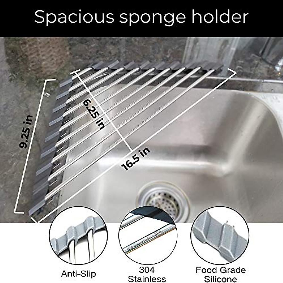 Roll Up Sponge Holder for Counter, Sink Organizer for Kitchen, Bathroom, Laundry Room, 304-Stainless Steel Sink Organizer for Sponge, Brush, Scrubber, Soap Dispenser Holder, Dish Drying Rack (Gray)
