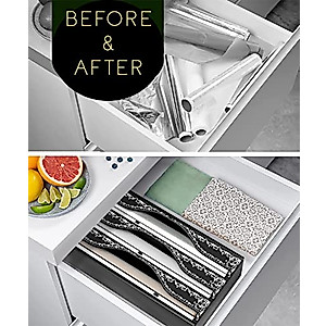 Extra Long Foil and Plastic Wrap Organizer for 15" Rolls, 3 in 1 Plastic Wrap Dispenser with Cutter, Aluminum Foil Organization And Storage, Parchment, Wax Paper Dispenser for Drawer
