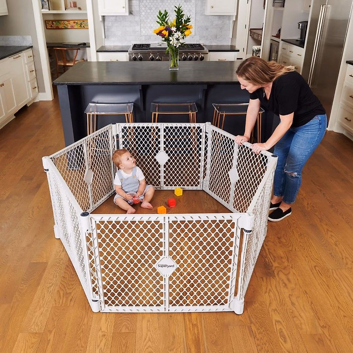 Toddleroo by North States Superyard 6 Panel Free Standing Play Yard, Indoor or Outdoor Baby Playpen, Baby Gate. Made in USA. 5.5 feet Corner to Corner Play Pen (26" Tall, Pewter)