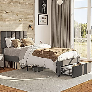 LIKIMIO Twin Bed Frame with XL Under-Bed Drawer, Platform Upholstered with Headboard, No Box Spring Needed/Noise-Free, Grey