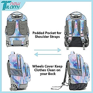 NEW TILAMI Roller Backpacks for Girls, Adjustable Laptop Rolling Backpack with Wheels for Girls to School Travel Camping Boys Rolling Backpack Purple Star 18 Inches