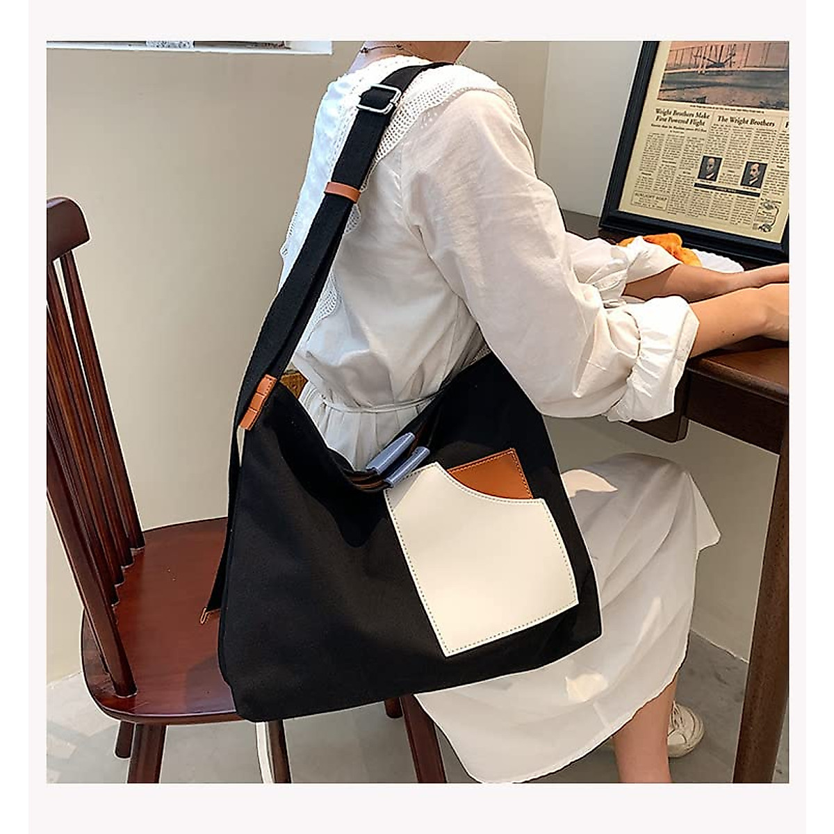 JBB Women's Tote Bag Crossbody Canvas Bags Handbags with Pockets Purses Shoulder Splicing Work Travel White