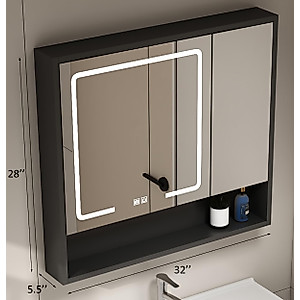 AmpleCharmic 24'' Medicine Cabinet Mirror, Barhroom Medicine Cabinet with LED Light, 3-Color, Dimmer, Defogger, Greywalnut