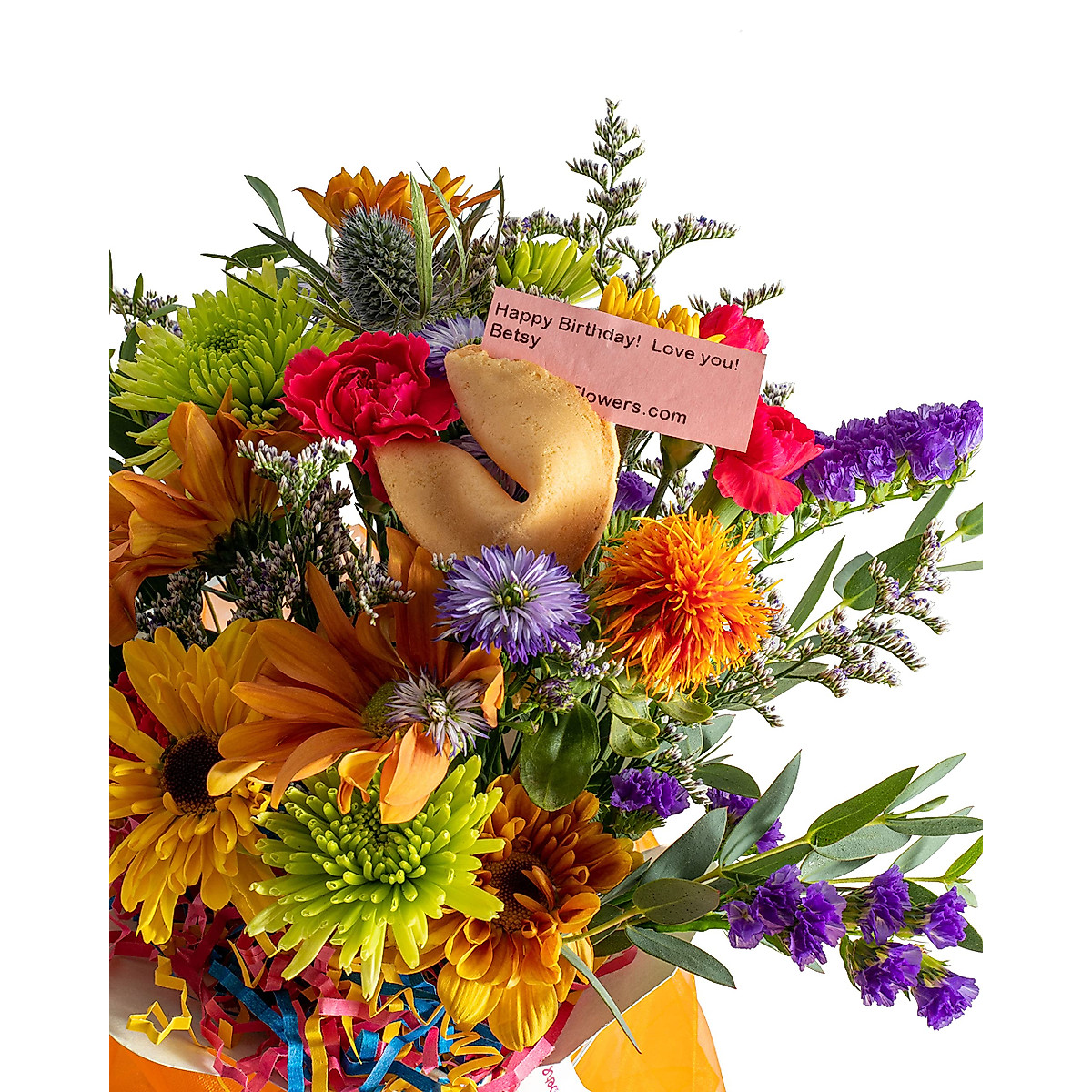 Birthday Blast Fresh Cut Live Flowers Arranged in a Takeout Container with your Personal Message Tucked Inside a Fortune Cookie