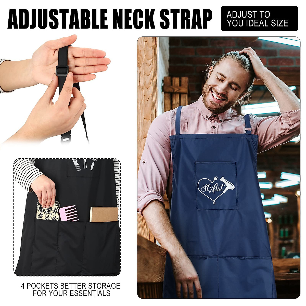 Janmercy 4 Pcs Hair Stylist Apron with 4 Pockets Waterproof Salon Aprons for Hairdresser Cosmetologist Apron (Black, Dark Blue)