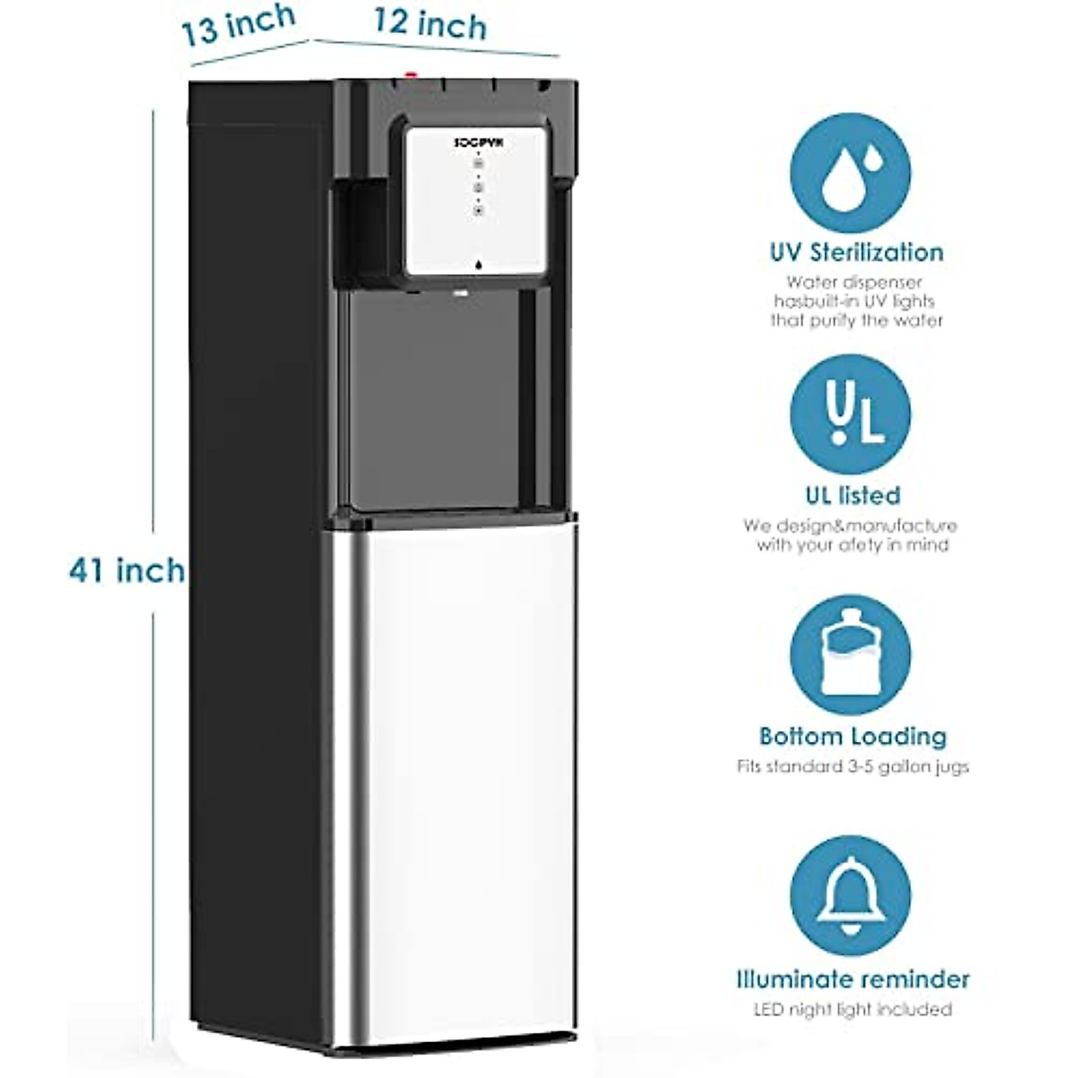 SOOPYK Bottom Loading Water Dispenser for 5 Gallon Bottle - Self Cleaning - 3 Temperature Settings - Child Safety Lock