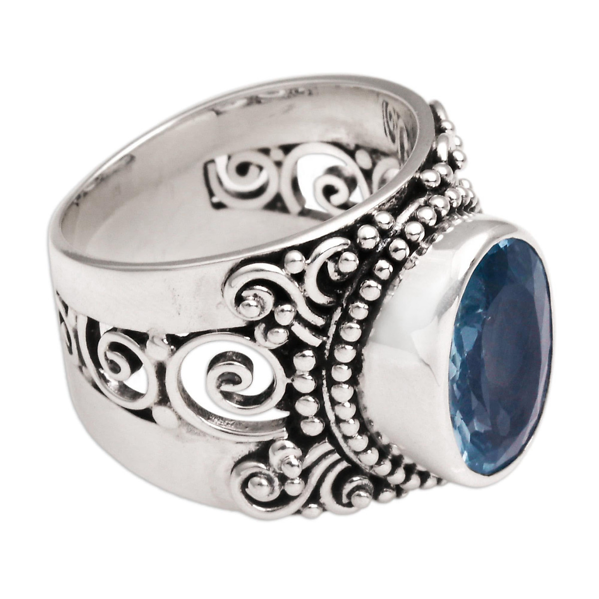 NOVICA Artisan Handmade Blue Topaz Single Stone Ring Sterling Silver from Bali Cocktail Indonesia Gemstone Birthstone [crownbezel 0.7 in H x 0.6 in W x 0.3 in D Band Width 8 mm W] ' Glorious Vines'