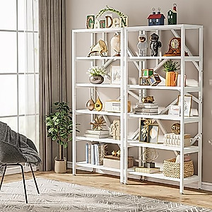 Tribesigns 71 Inch Industrial Bookshelf, 6 Shelf Etagere Bookcase, Freestanding Open Book Shelves Storage Display Shelf, Wood Shelving Units Organizer Rack for Home Office Living Room, White