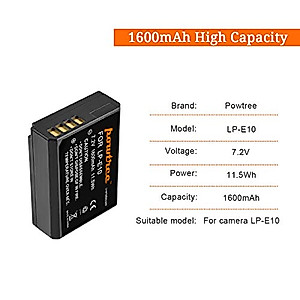 Powtree LP-E10 2 Pack Replacement Battery and LCD Dual Charger Compatible with Canon EOS Rebel T6,T7,T3,T5, T100, 4000D,3000D,2000D,1500D,1300D,1200D,1100D Digital Cameras(Not for T3i T5i T6i T6s T7i)