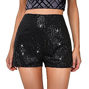 Sequin Shorts for Women High Waist Elastic Sparkly Straight Leg Short Glitter Sparkle Hot Pants Solid Party Black