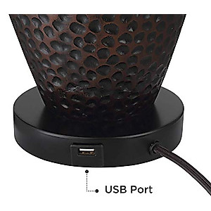 Franklin Iron Works Kaly Rustic Traditional Table Lamps 25" High Set of 2 with USB Charging Port Hammered Oil Rubbed Bronze Faux Leather Drum Shade for Living Room Desk Bedroom House Bedside