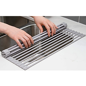 Surpahs Over Sink Foldable Multipurpose Roll-Up Dish Drying Rack, Silicone Wrapped Stainless Steel,Warm Gray, 20.5" x 15.5" (Pack of 2)