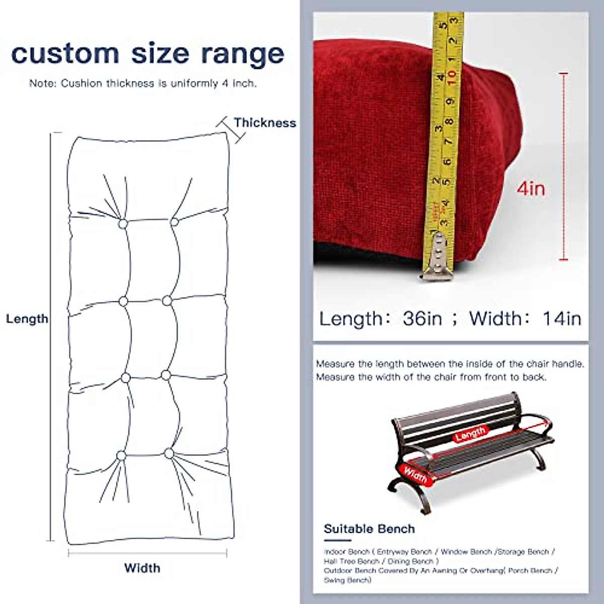 ROFIELTY Bench Cushion 36X14 inch, Indoor/Outdoor Anti-Slip Tufted Swing Seat Cushion, Comfortable Window seat Cushions Indoor, Piano Bench Cushions. (Burgundy, 36x14x4)