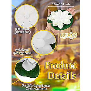 12 Pcs Floating Pool Lights Lotus Floating Lanterns LED Lifelike Floating Lamp Battery Operated Lily Pad Flower Candle Fun Pool Accessories for Pond Decor, Yellow Light (White, 3.94 Inch)