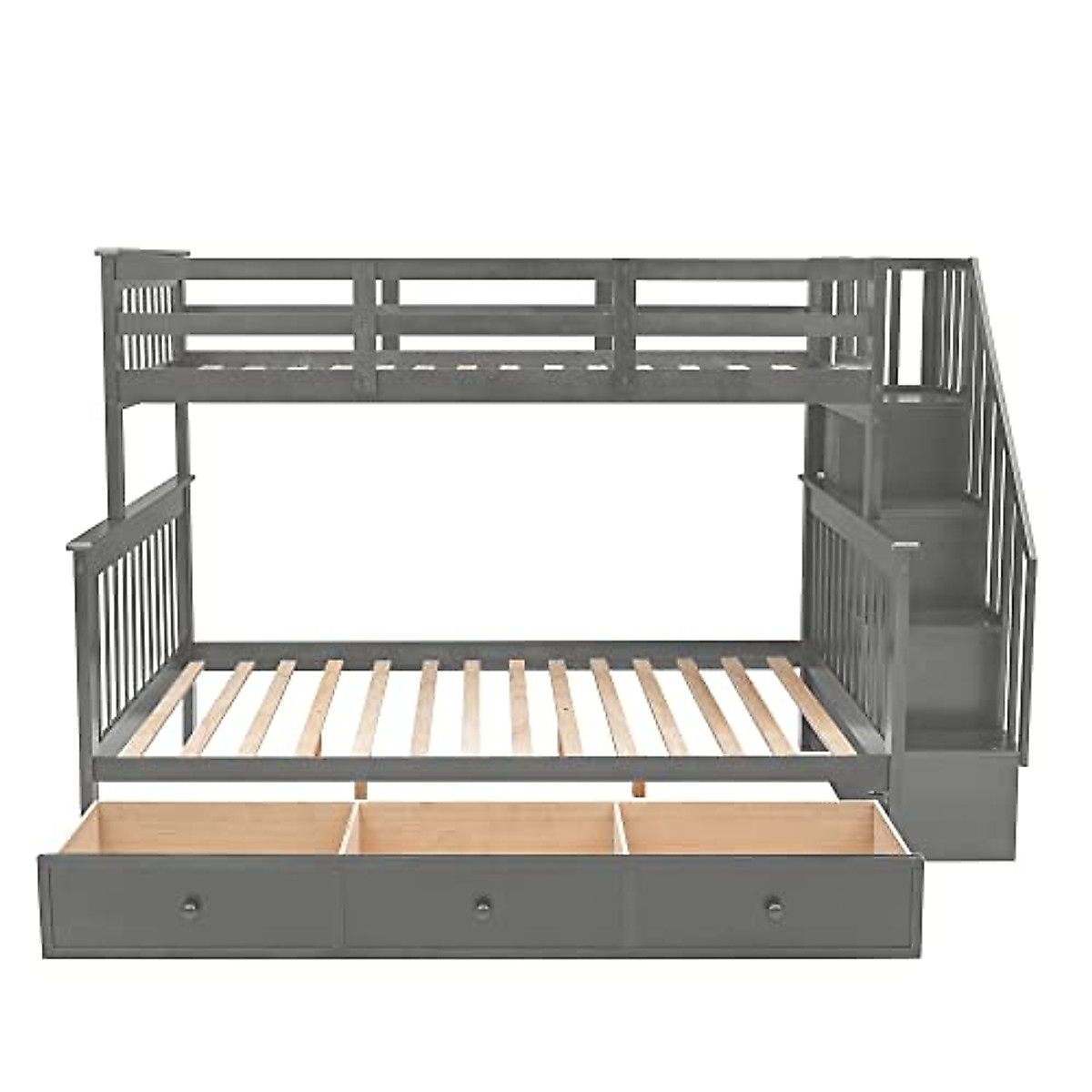 LZ LEISURE ZONE Twin Over Full Bunk Bed with Drawers, Solid Wood Bunk Bed Frame with Stairway, Storage & Guard Rail for Bedroom Dorm, Gray