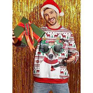 Arvilhill Christmas Mens 3D Printed Party Funny Xmas Sweater Ugly Holiday Long Sleeve Sweatshirt Sunglasses Dog L