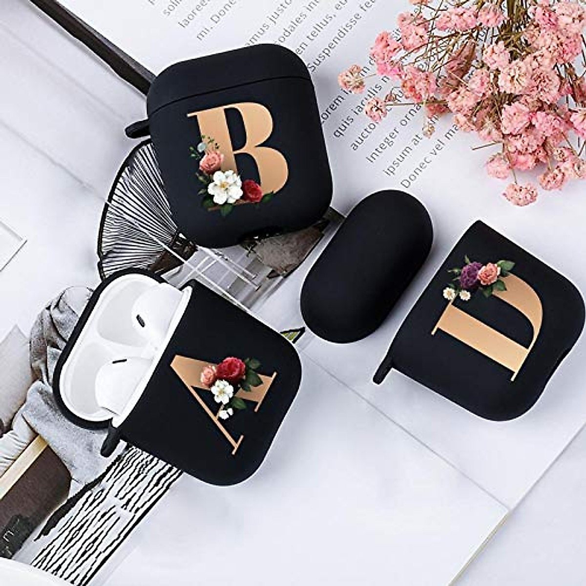 Air_Pods Case Cover | KJDS Premium Silicone Protective Case for AirPods 2 1 Black Wireless Bluetooth Earphone Box Matte Cover | Cute Floral Gold Initial Alphabet Letter Soft Case (A)
