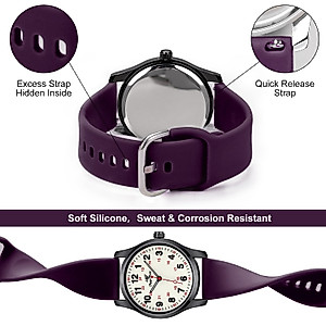 SUDESMO Women's Nurse Watch - Waterproof, Easy to Read with Second Hand, Silicone Band, Luminous - Black, Purple