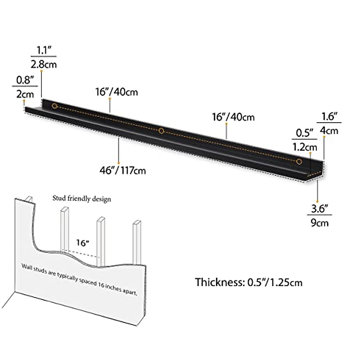 Wallniture Denver 46" Black Floating Shelf for Wall Collage, Picture Ledge Shelf for Living Room Decor