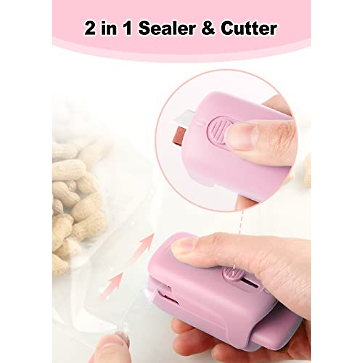 NOBVEQ Mini Bag Sealer, Handheld Heat Vacuum Sealer, Cutter with Lanyard and 2 in 1 Heat Sealer , Portable Bag Resealer Machine for Plastic Bags Food Storage Snacks Freshness(Batteries Included)-PINK