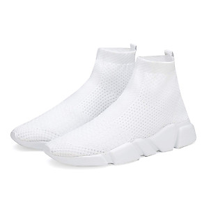 Santiro White Slip On Sneakers for Women Breathable Tennis Athletic Sock Shoes Casual High Top Running Shoes 8.5 US