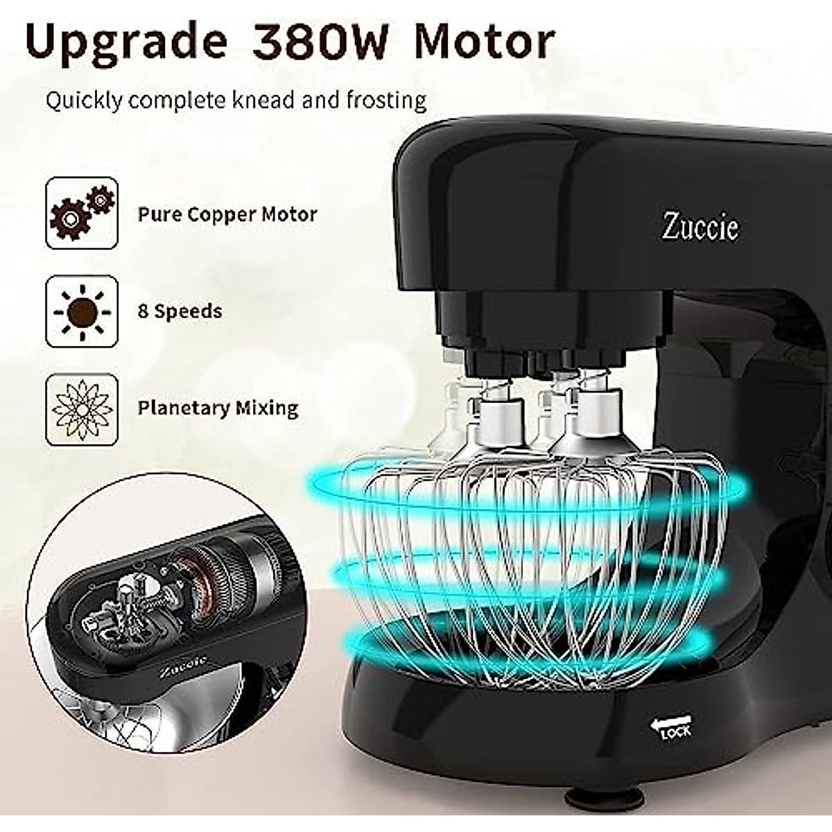 Stand Mixer, Zuccie 4.8QT Kitchen Electric Stand Mixer, 380W Motor Power Food Mixer, 8+P-Speed Dough Mixer with Dough Hook, Wire Whip & Beater, Black