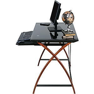 OneSpace Glass and Wood Computer Desk with Pullout Keyboard Tray and Black Glass Desktop, Black/Brown