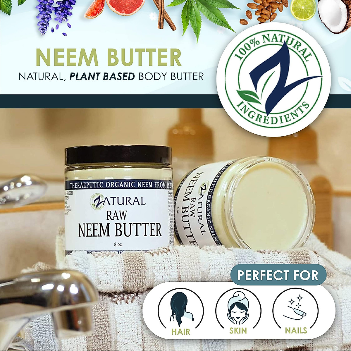 Organic Neem Butter-Coconut Oil, Neem Oil, Neem Leaf, Marula Oil, Kokum Butter, Rosemary, For Sensitive Skin, Itchy Skin, 8 oz.