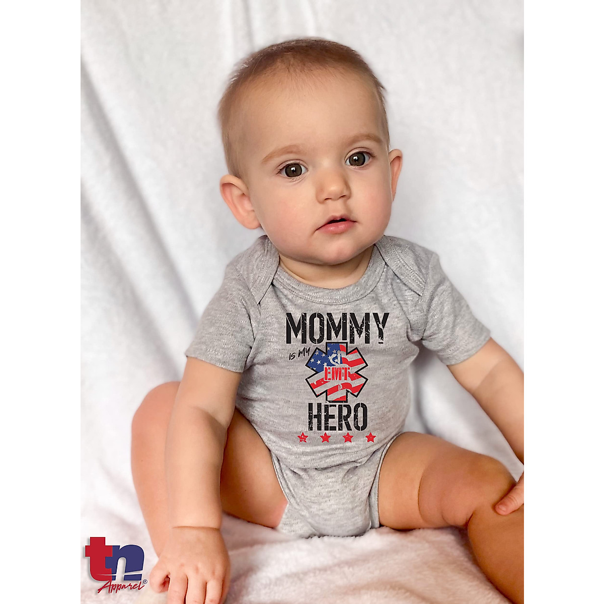 TeeNow - Mommy Is My Hero (Custom for Police, Fire & EMT) - Baby/Infant, Onesie/Bodysuit, Boy/Girl/Unisex (3-6 Months, Grey - EMT)