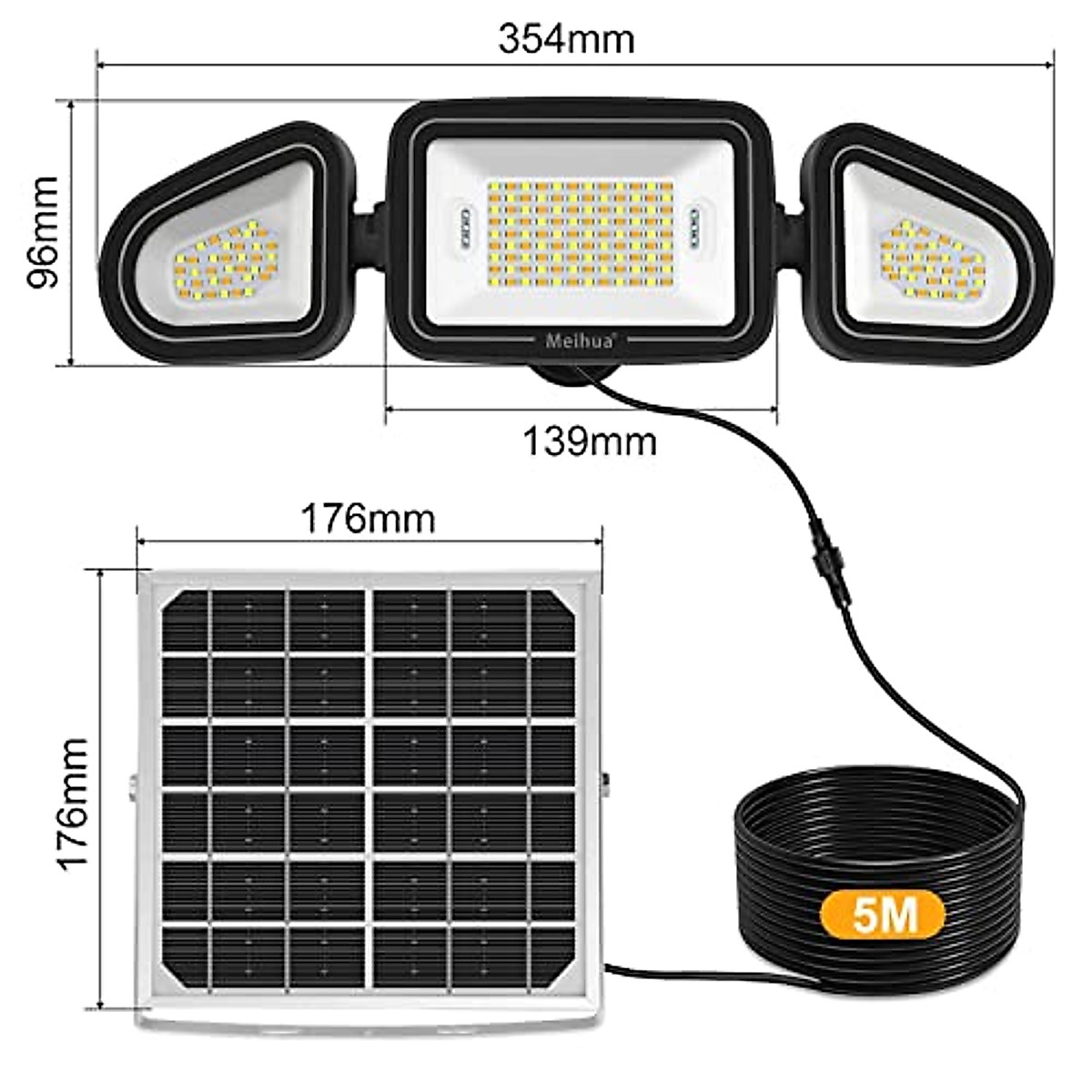 MEIHUA Solar Security Lights Outdoor, 2700K/4000K/6000K, 3 Adjustable Heads Solar Flood Lights, IP66 Waterproof Dusk to Dawn Solar Floodlight for Garden, Yard, Patio (Black)