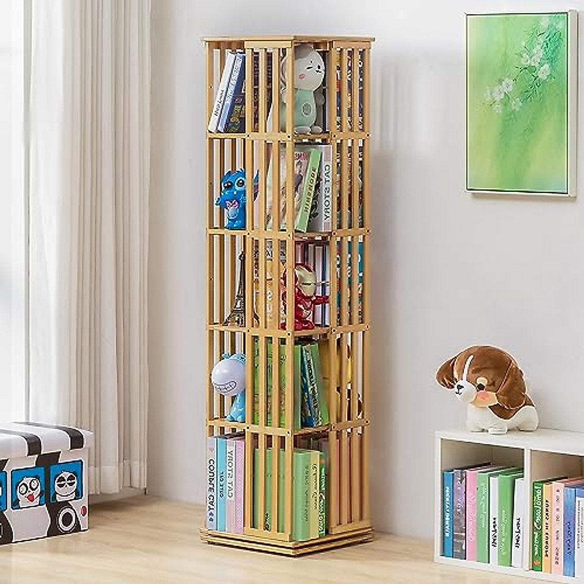 Magshion Rotating Bookcase 4-Tier Corner Shelf Bamboo Media Storage, 59.8" High Revolving Floor Standing Storage Organizer Living Room Bedroom 360 Degree Rotating Storage (Natural, Stripe Guardrail)