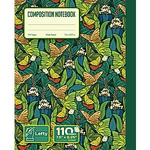 Left-handed Wide ruled Notebook | 110 pages, 7.5x9.25 Inches: Margin at the side of the bookbinding | Vintage flowers, butterflies, and feathers ... for Lefty so much easier. (Yiddish Edition)