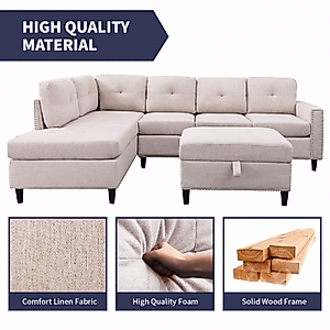 ZAFLY 101" Sectional Couch, L Shaped Sofa with Storage, Convertible Sofá 4-Seat with Reversible Chaise, Living Room Fabric Sofa Sets with Cup Holders -Beige