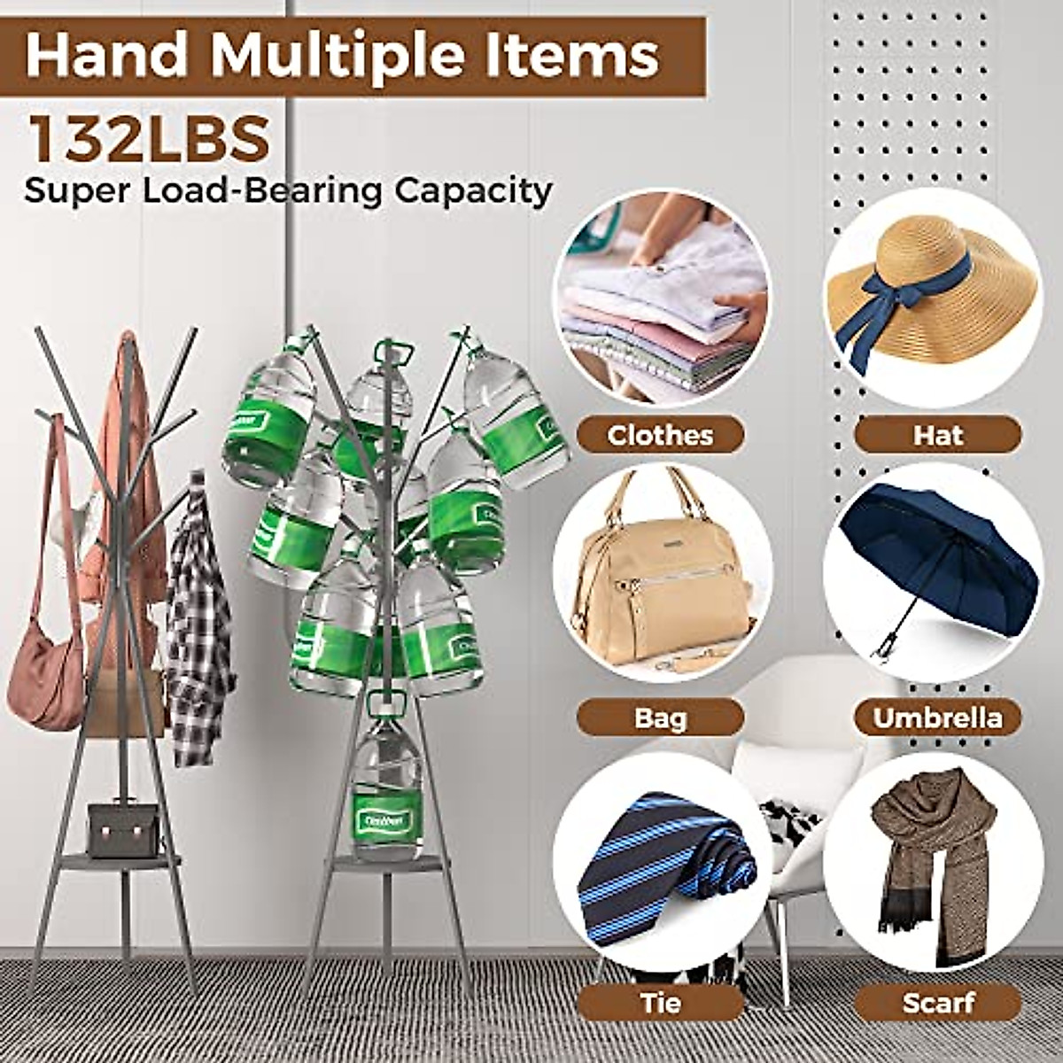 MULSH Standing Coat Rack Hat Hanger Coat Rack Hooks Coat Rack Hall Tree Entryway Standing Hat Jacket Coat Hanger Rack in Grey,17.72" W x 17.72" D x 73.46" H