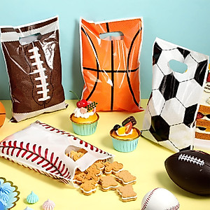 100 Pcs Football Sports Party Favor Bags Soccer Candy Gift Bags, Plastic Goodie Treat Bags Bulk with Handles for Baseball Basketball Theme Event Gift Bag Birthday Supplies Decorations
