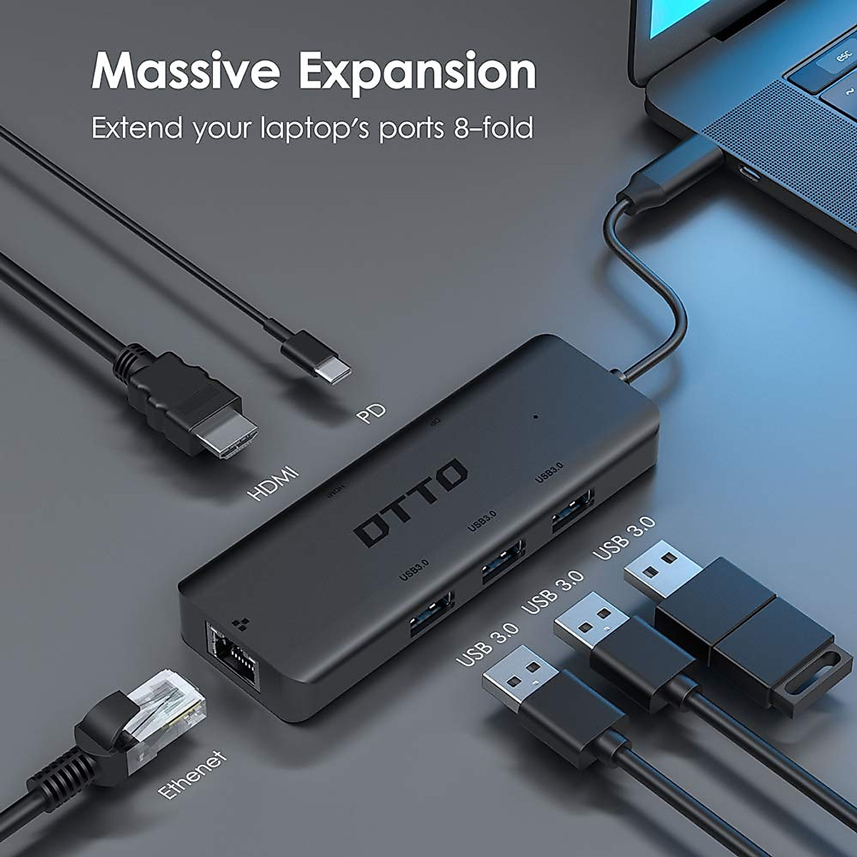 DTTO USB-C Hub 6-in-1 with 4K@60Hz HDMI, 1Gbps RJ45 Ethernet Adapter, 90W PD Power Delivery, 3X USB 3.0 Ports, Thunderbolt 3 Multiport Dongle for MacBook, iPad Pro, XPS, and More, Space Grey
