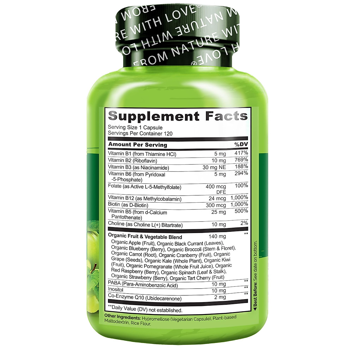 NATURELO Vitamin B Complex with Methyl B12, Methyl Folate, Vitamin B6, Biotin Plus Choline, CoQ10, and Fruit & Vegetable Blend - Supports Energy & Healthy Stress Response - Vegan - 120 Capsules