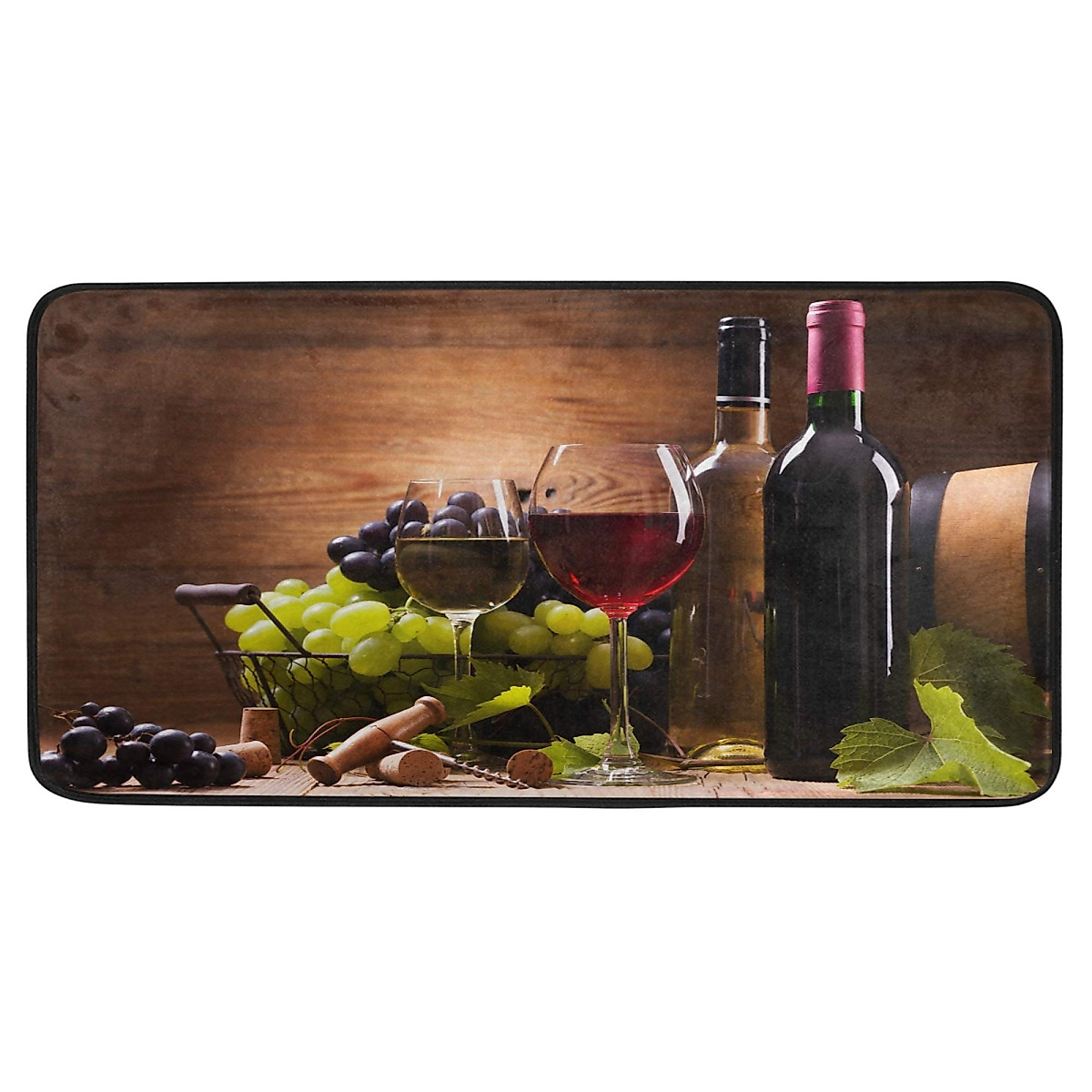 Glasses of Red and White Wine Kitchen Rugs Grapes Wooden Bath Rug Runner Comfort Mat Non-Slip Doormats Carpet for Bathroom Indoor 39" X 20"