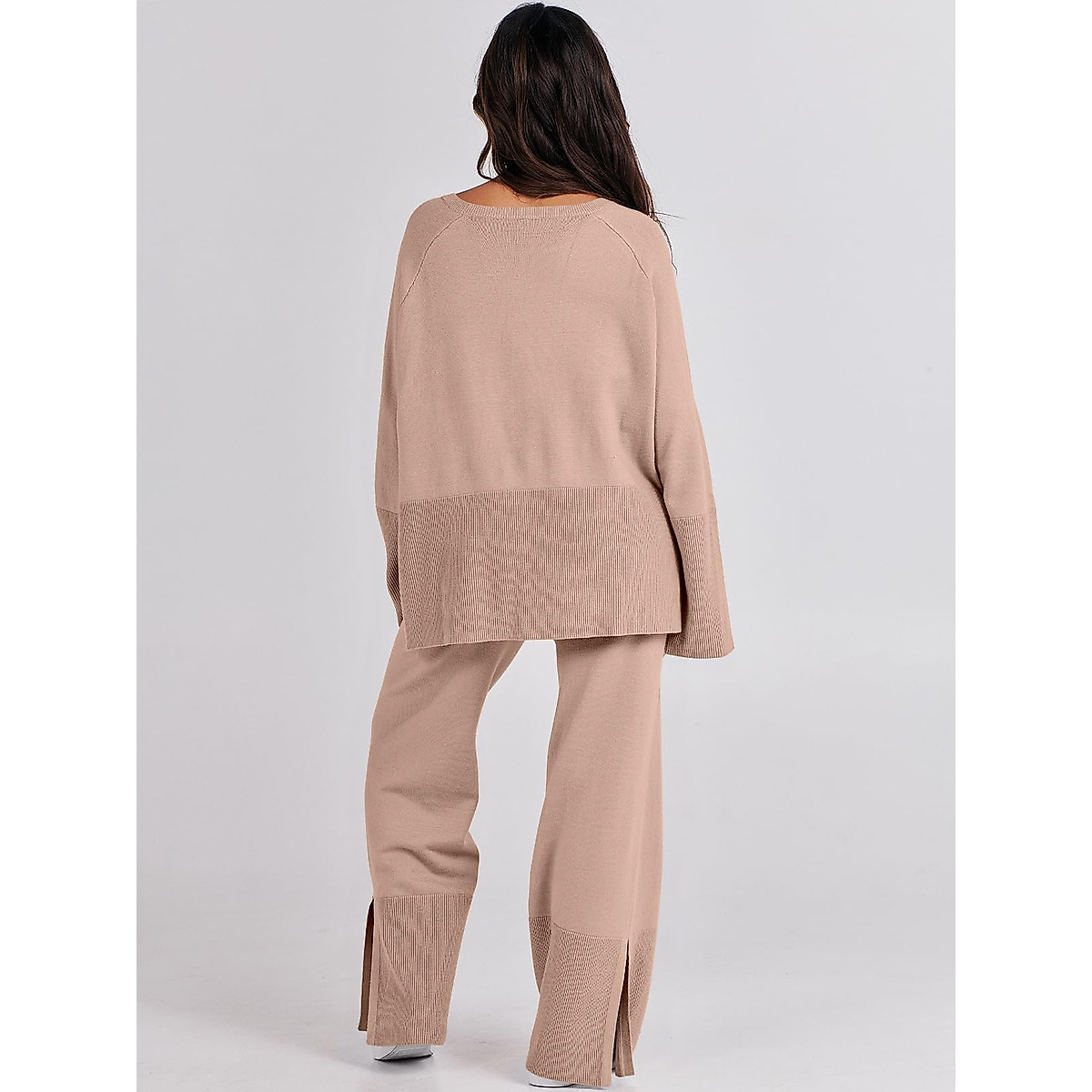 ANRABESS Womens 2 Piece Outfits Oversized Knit Sweater Set Wide Leg Pant Cozy Lounge Matching Pajama Sets 2024 Trendy Clothes Deep Apricot X-large