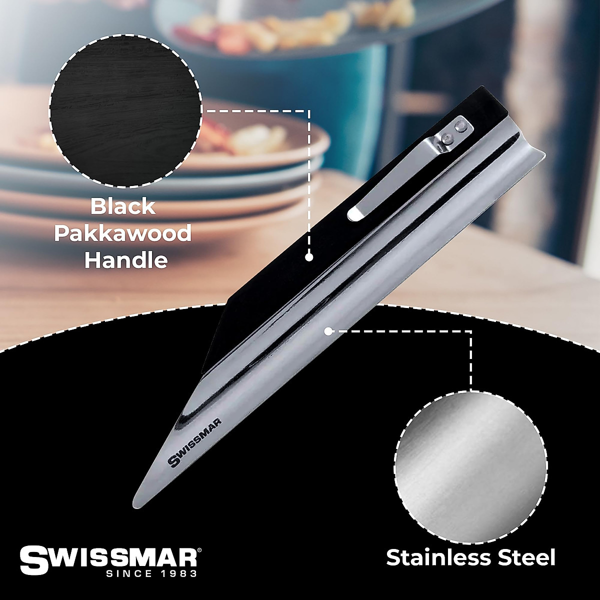 Swissmar Crumb Sweeper - Essential Countertop Table and Kitchen Accessory - Stainless Steel Food Scraper Tool for Restaurants, Usually Used by The Waiters, Waitress, and Servers - Black Pakkawood