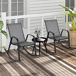 Giantex Outdoor Rocking Chairs Set of 2, Patio Rocking Chairs w/Breathable Seat & Back, Heavy-Duty Metal Support, Ergonomic Outside Rocker for Backyard, Poolside, Garden (1, Grey)