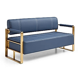 BIAYE Set 57.9" Width Modern Upholstery Faux Bonded Leather Loveseat Living Room Accent Love Seats for Small Spaces 2 Seater Couch Sofa Studio Furniture with Golden Metal Arms,Blue