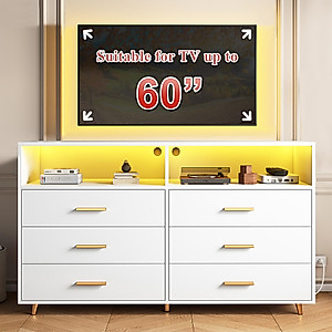 EnHomee Dresser for Bedroom, White Dresser with LED, Chests of Drawers, 6 Drawers & 2 Shelves for Bedroom, Wood Chests of Drawers, Large Space Saver Furniture