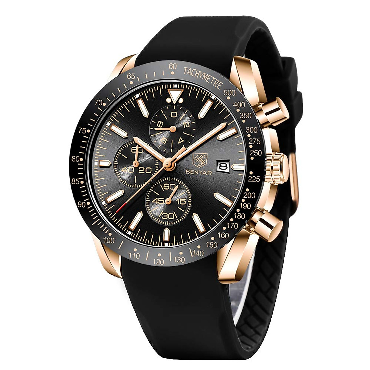 BENYAR Classic Fashion Quartz Chronograph Watch Casual Sport 30M Waterproof Leather Band Mens Watches (Golden Black)