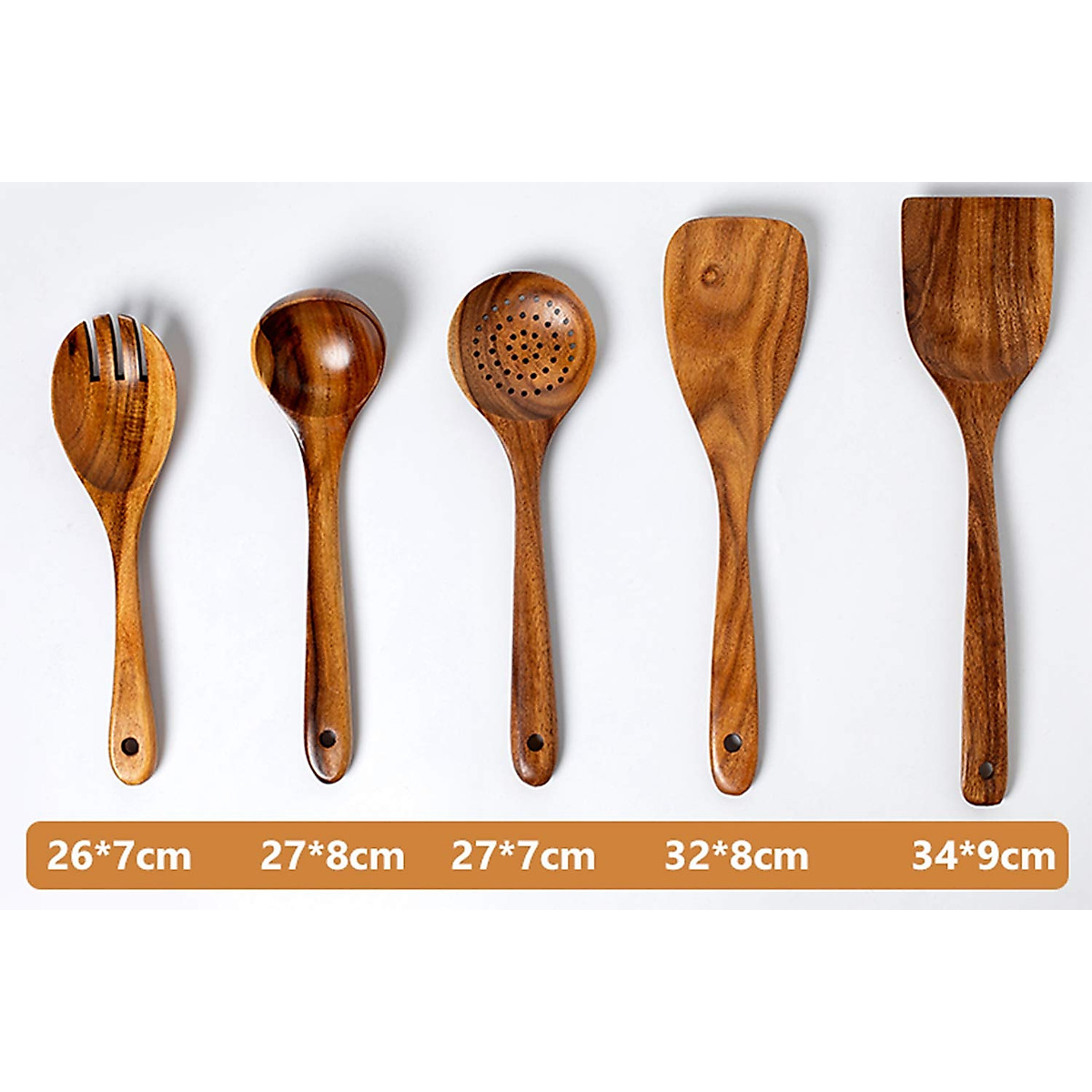 Wooden Kitchen Utensils Set, 5 PCs Natural Acacia Spurtle Set for Non-stick Pan Kitchen Tool Ladle and Wok Spatulas, Salad fork