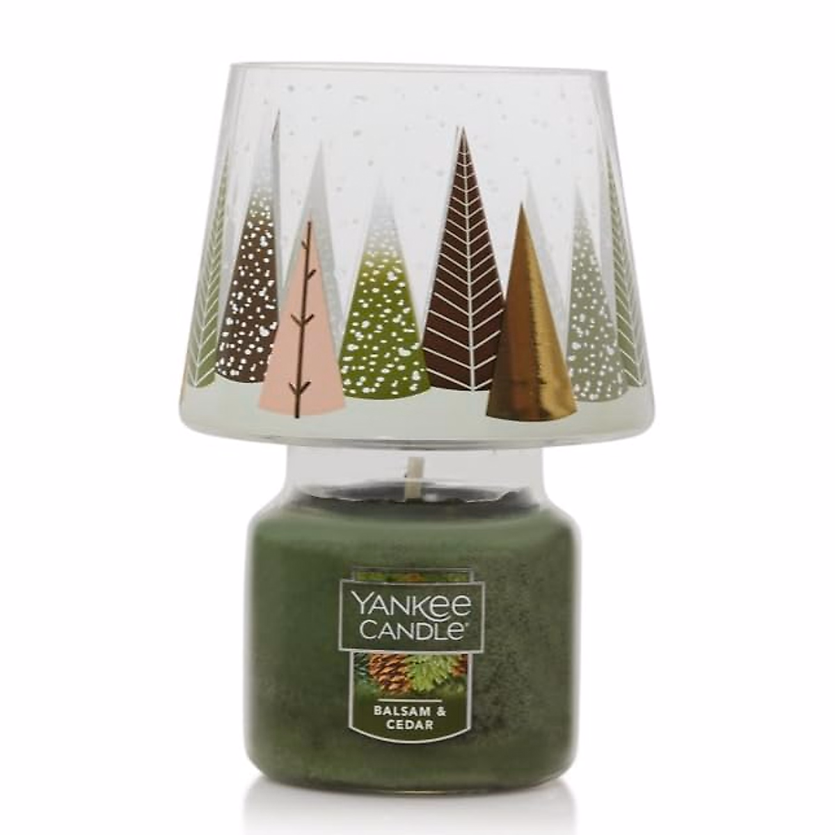 Yankee Candle Balsam & Cedar Winter Holiday Gift Set - Small Balsam & Cedar Candle (3.7 oz) with Festive Trees Small Jar Shade in a Decorative Gift Box