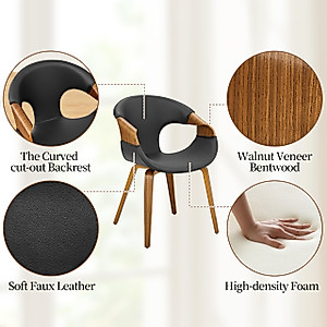 Art Leon Desk Chair No Wheels - Mid Century Modern Chair, Faux Leather Upholstered Office Chair with Wood Legs for Living Room Bedroom, Walnut Bentwood, Black